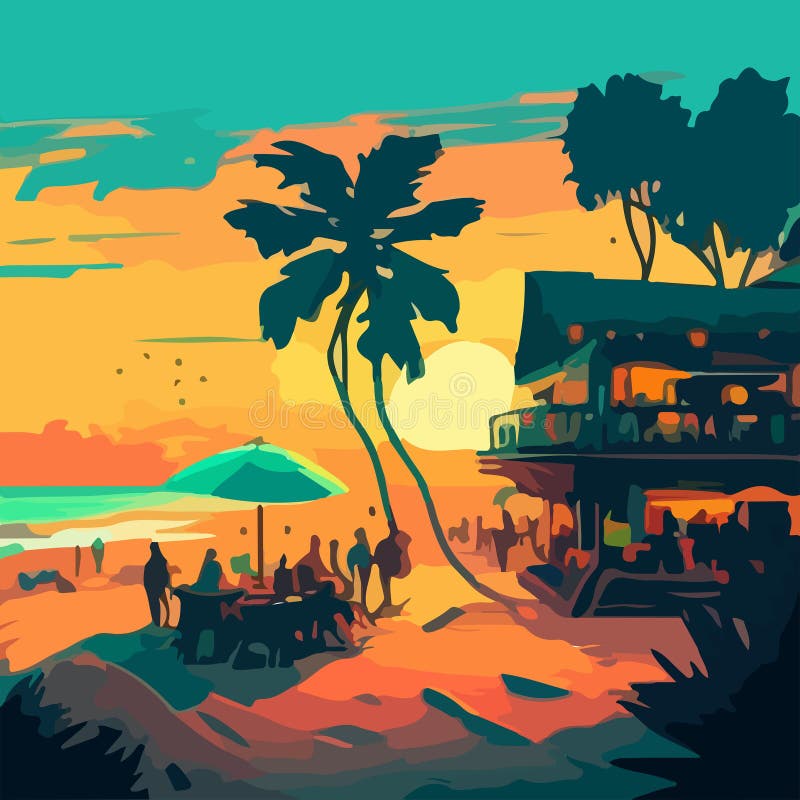 Beautiful Bay at Sunset. Restaurant and People Relaxing on the Beach ...