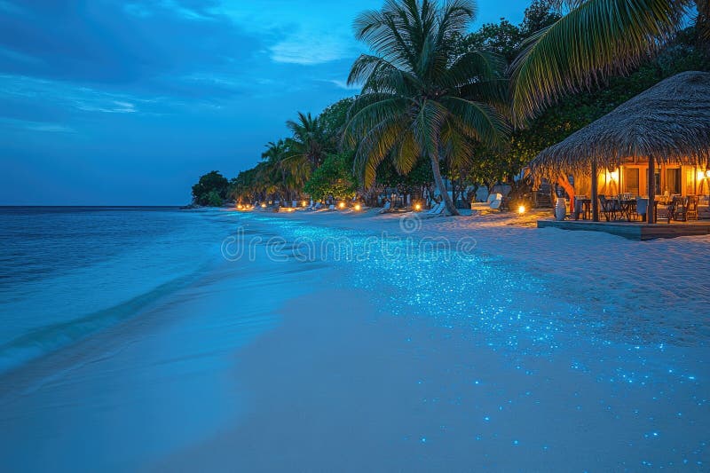 Magical Bioluminescent Beach at Night with Palm Trees and Beachfront ...
