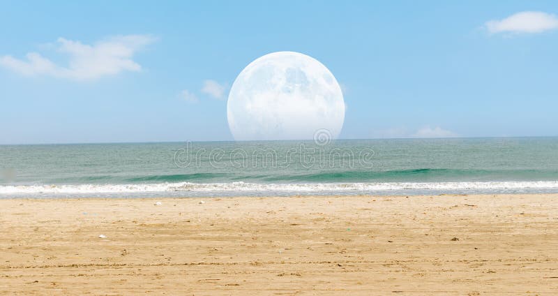 Beautiful Beach with Blue Sea and a Big Moon Stock Photo - Image of ...