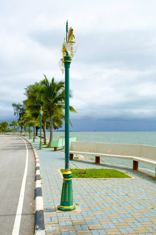 Beautiful Beach with Coconut Trees and Lamp Post Stock Image - Image of ...