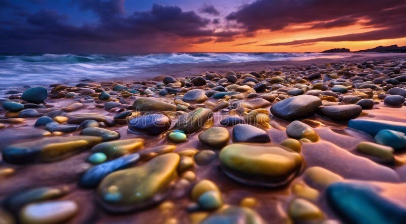 Beautiful Beach Colored Stones in the Beach Side with Waves at the Night, Phosphorus Stones ...