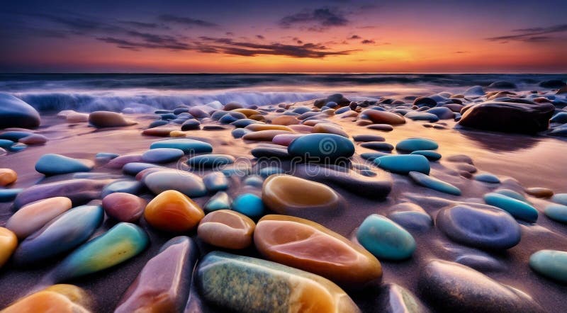 Beautiful Beach Colored Stones in the Beach Side with Waves at the ...