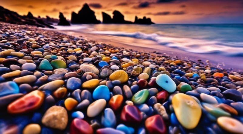 Beautiful Beach Colored Stones in the Beach Side with Waves at the ...