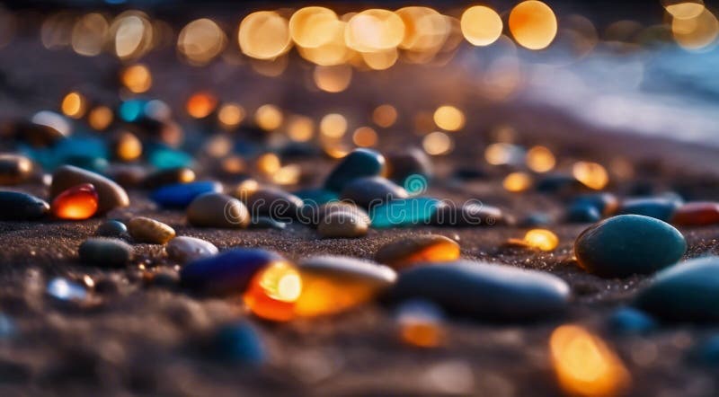 Beautiful Beach Colored Stones in the Beach Side with Waves at the Night, Phosphorus Stones ...