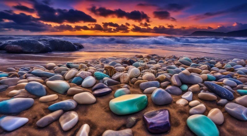 Beautiful Beach Colored Stones in the Beach Side with Waves at the ...