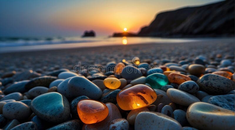 Beach with Colored Glowing Stones at Sunset Stock Illustration ...