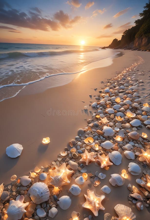 Beautiful Beach with Glowing Shells at Sun Set Stock Illustration ...