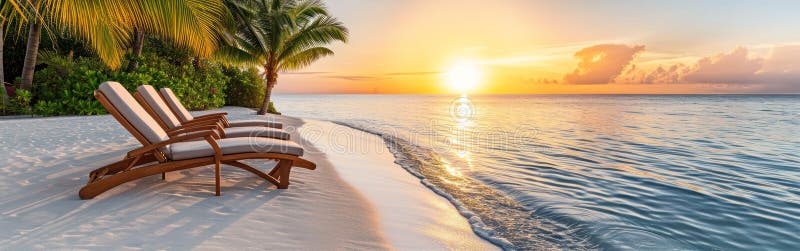 Beautiful Beach at Maldives at Sunset. Panoramic View. Banner Stock ...