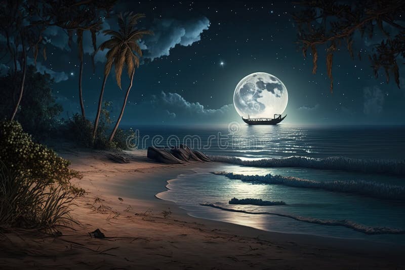 Beautiful Beach Moonlight Romantic Environment Stock Illustration ...