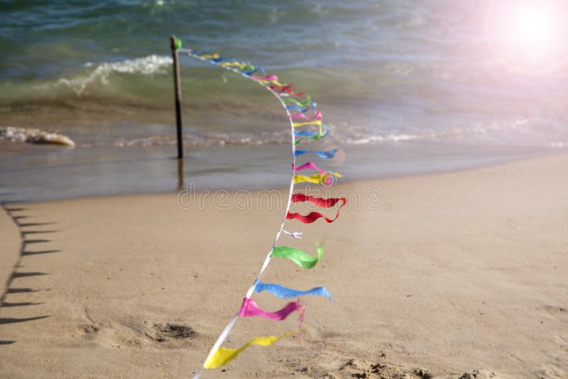 Beautiful Beach, Ribbon with Flags Develops in the Wind Stock Photo ...