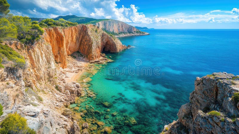 A Beautiful Beach with a Rocky Cliff and a Blue Ocean Stock ...