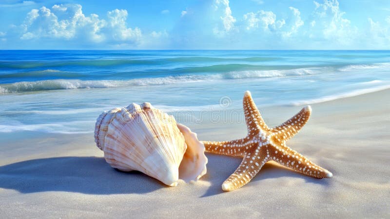 A Beautiful Beach Scene Featuring a Large Seashell and a Starfish on ...