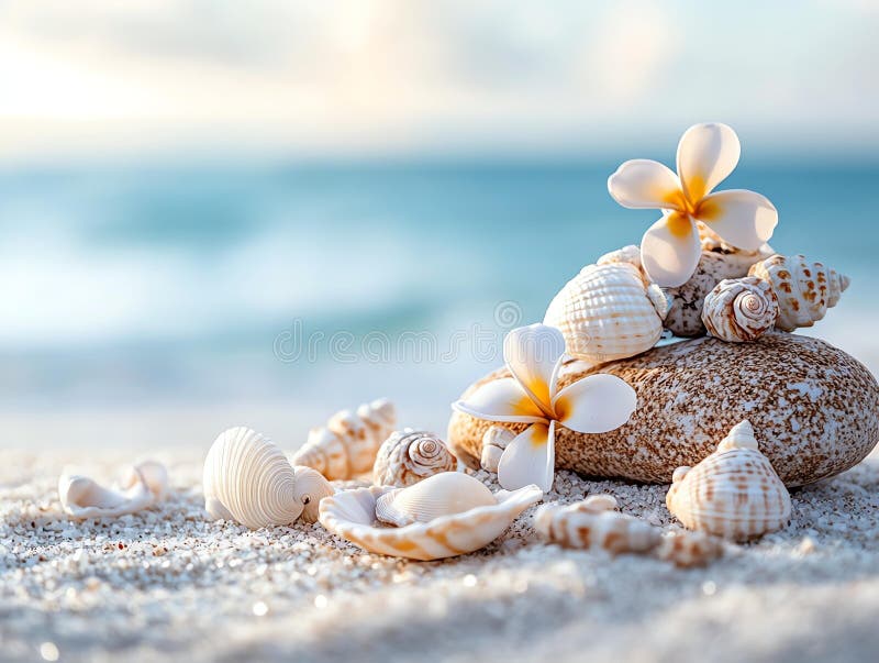 Beautiful Beach Scene Featuring Shells and Delicate Flowers on Soft ...