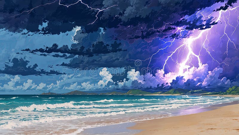 Beautiful Beach Scene with Lightning Striking in the Distance. Anime ...
