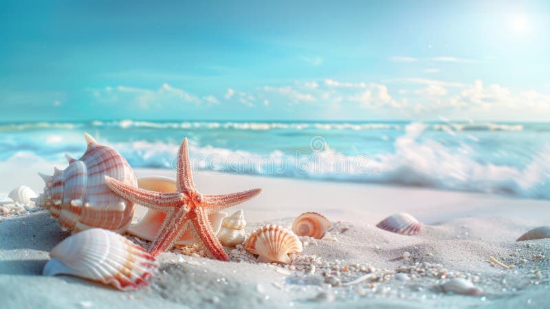 Beautiful Beach Scene with Seashells and Starfish. AI-generated Image ...
