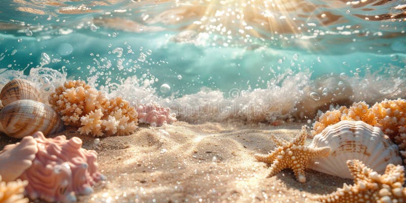 Beautiful Beach with Starfish, Shells and Corals on the Sand. Stock ...