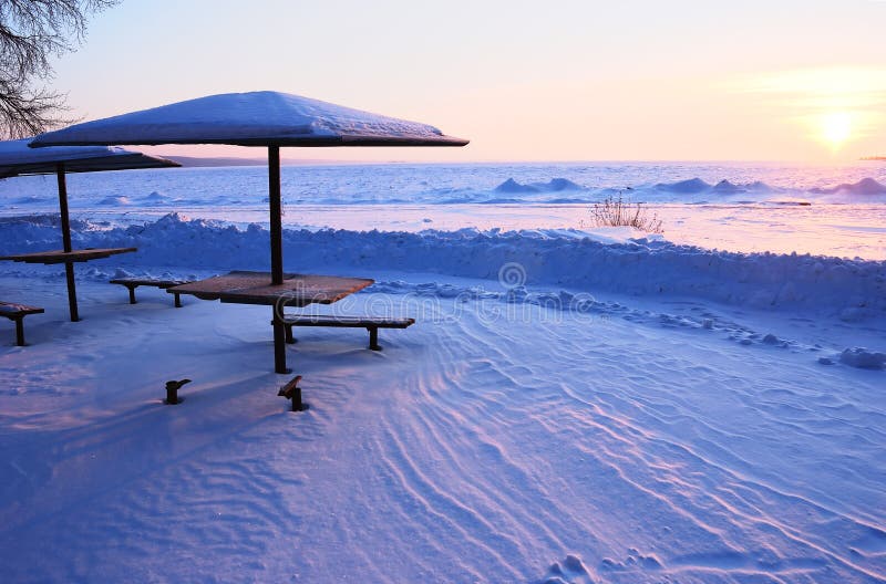 Beautiful Beach in the Winter Snow Stock Photo - Image of footprint ...