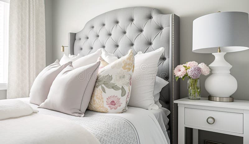 Beautiful Bedroom, a White Bedside Table, and a Mix of Patterned Pillows. Generative AI Stock ...