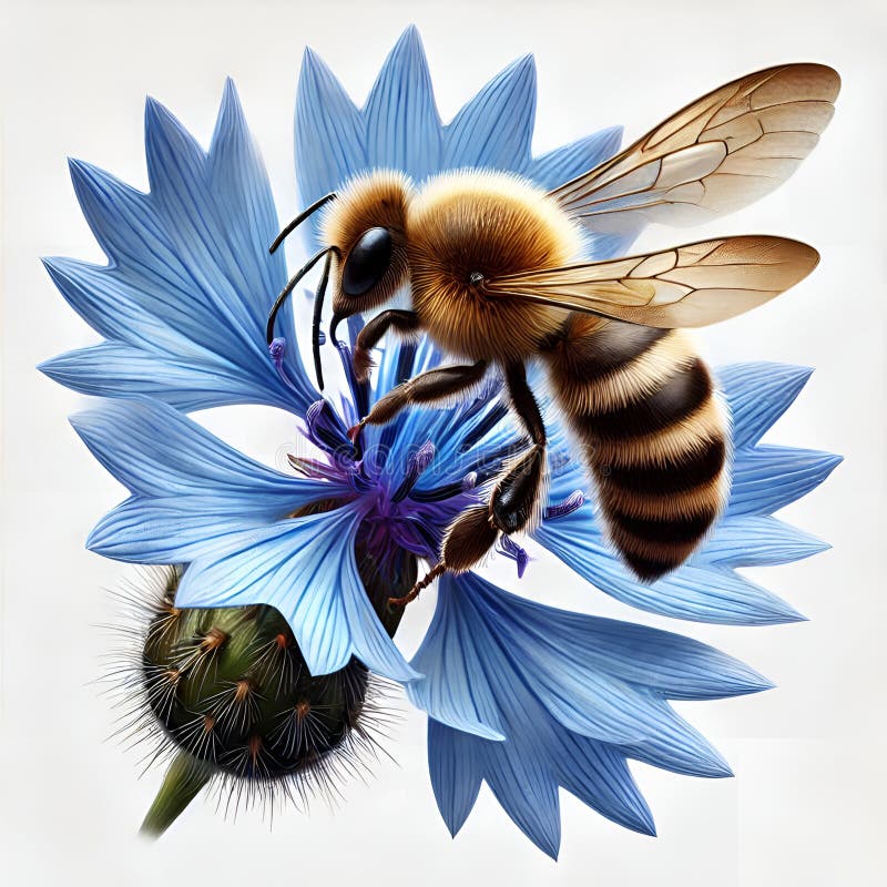 Beautiful Bee on Blue Flower Isolated on White Background Stock ...