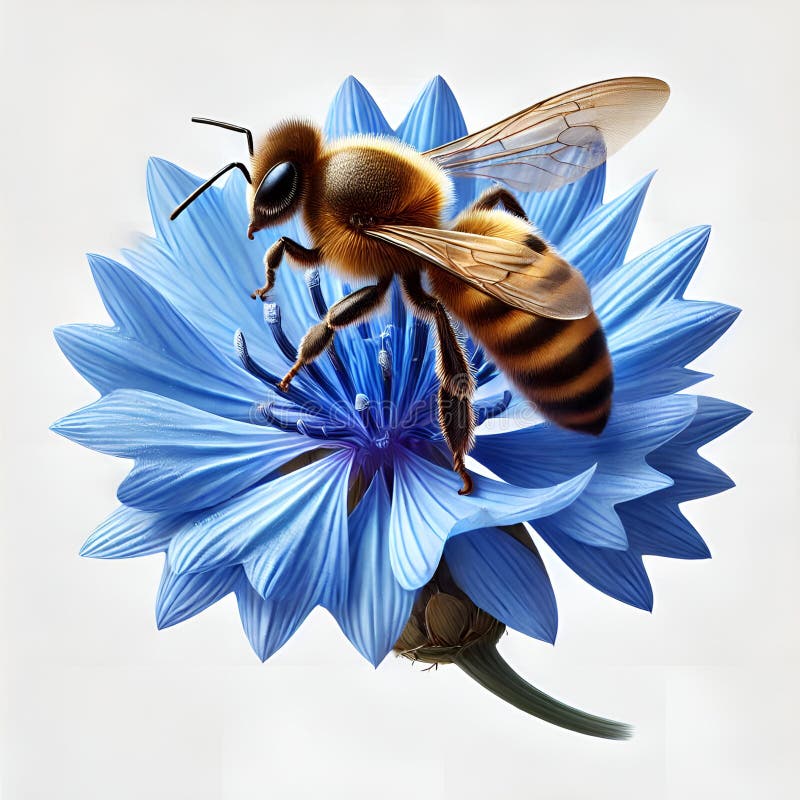 Beautiful Bee on Blue Flower Isolated on White Background Stock ...