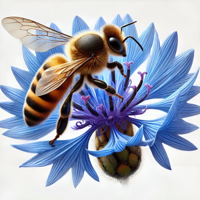 Beautiful Bee on Blue Flower Isolated on White Background Stock ...