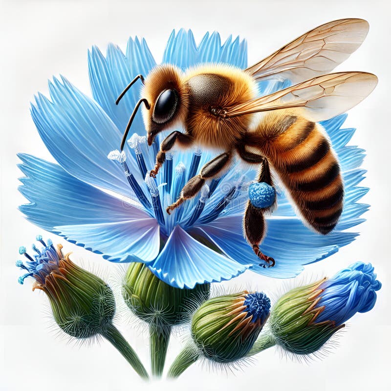 Beautiful Bee on Blue Flower Isolated on White Background Stock ...