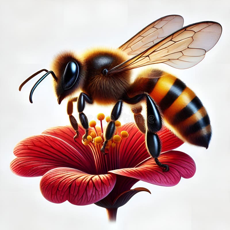 Beautiful Bee on Red Flower Isolated on White Background Stock ...