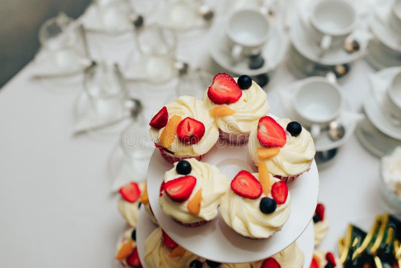 Beautiful Big Three-story Cherry-colored Wedding Cake One Stock Photo ...