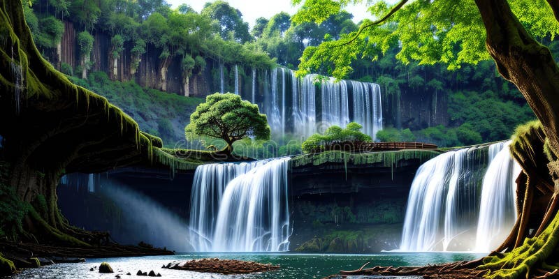 Beautiful Big Tree and Waterfall Landscape for Background Stock ...