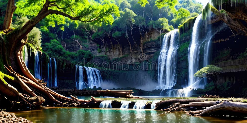 Beautiful Big Tree and Waterfall Landscape for Background Stock ...