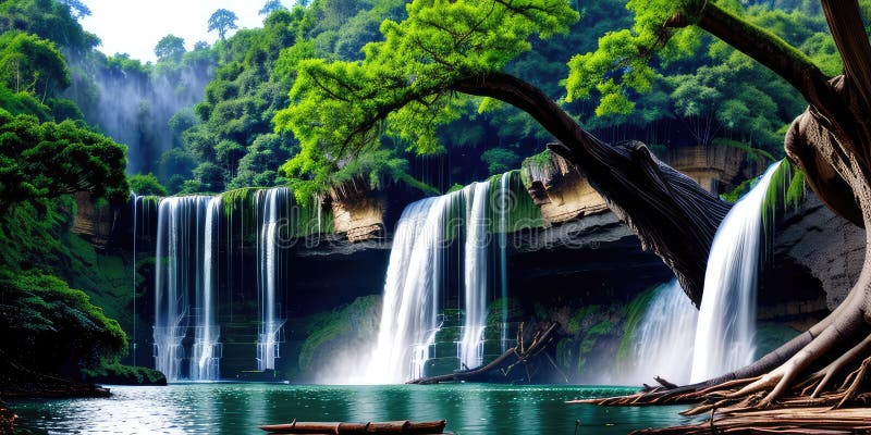 Beautiful Big Tree and Waterfall Landscape for Background Stock ...