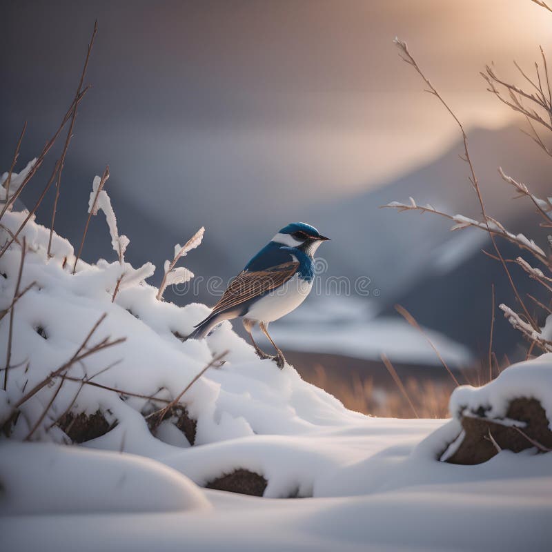 Beautiful Bird on the Snow in the Mountains at Sunset in Winter ...