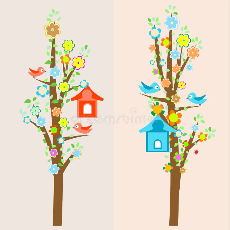 Beautiful Birds and Birdhouses on Trees Stock Vector - Illustration of ...