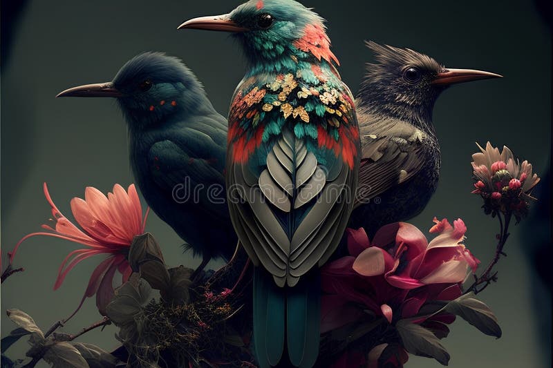 Beautiful Birds and Flowers on a Dark Background. Collage Stock ...