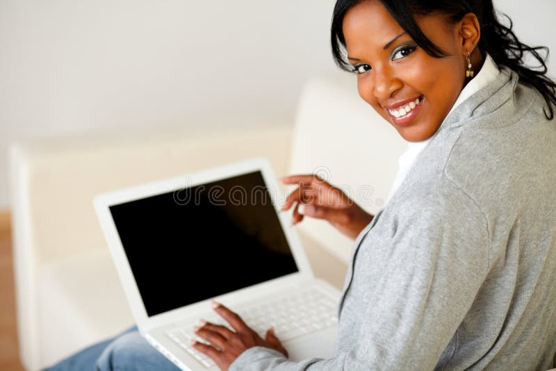 Young Black Woman Using Laptop Computer Stock Photo - Image of race ...