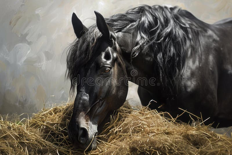 Beautiful Black Horse Eating Hay in the Stable Stock Illustration ...