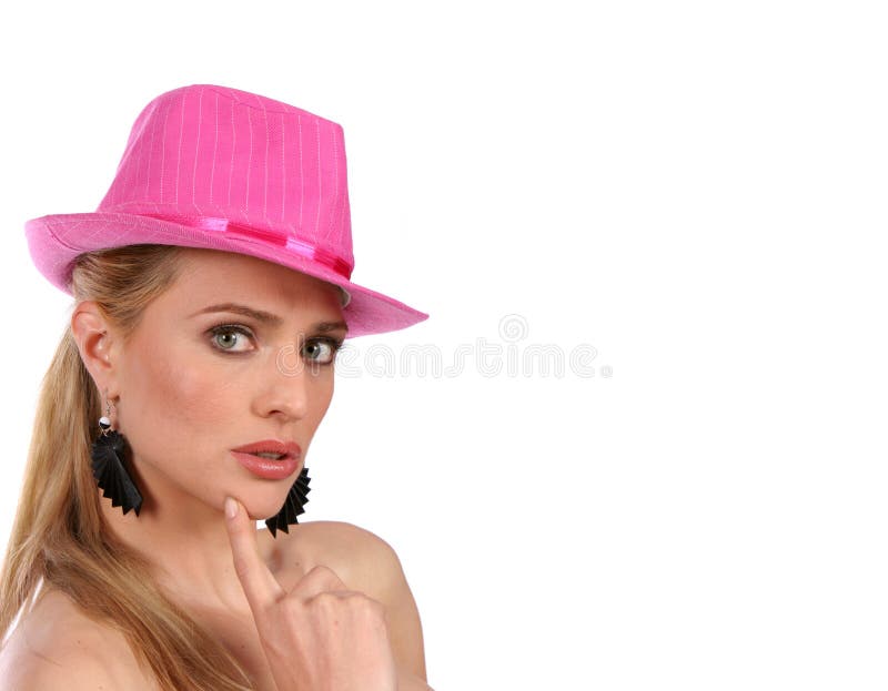 Beautiful Blond with Pink Hat in Thoughtful Reflection with Cop Stock ...