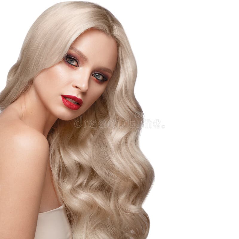 Beautiful Blonde In A Hollywood Manner With Curls Natural Makeup And