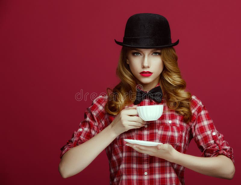 Beautiful Retro Lady Drinking Coffee Stock Image - Image of elegance ...