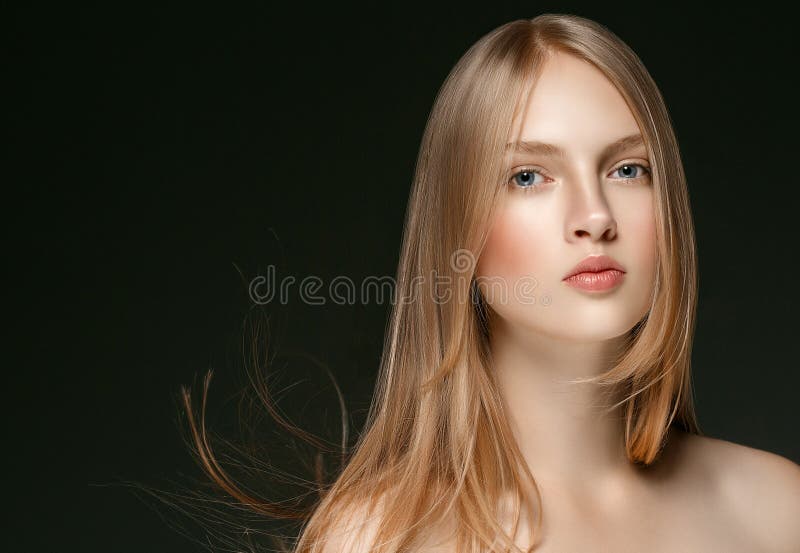 Beautiful Blonde Woman Girl With Long Blond Hair Smooth And Beau Stock