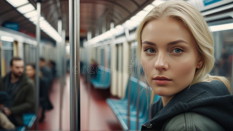 Beautiful Blonde Woman Riding the Subway Stock Image - Image of ...