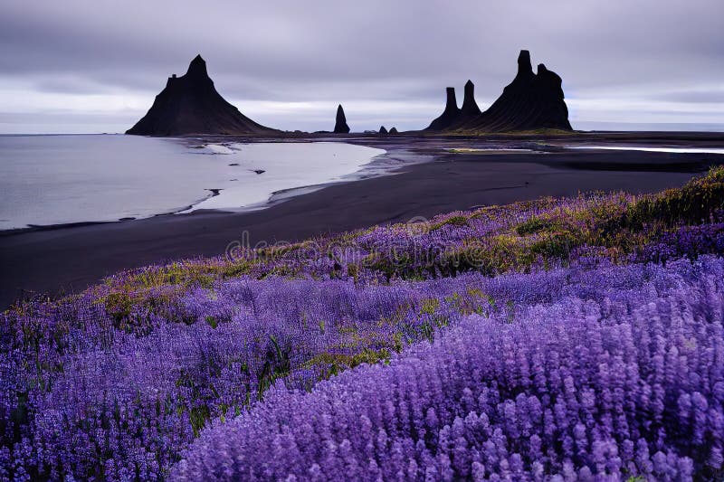 Beautiful Blooming Purple Meadows on Territory of Iceland Beach Stock ...