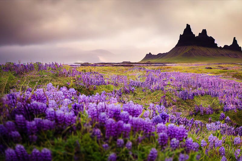Beautiful Blooming Purple Meadows on Territory of Iceland Beach Stock ...
