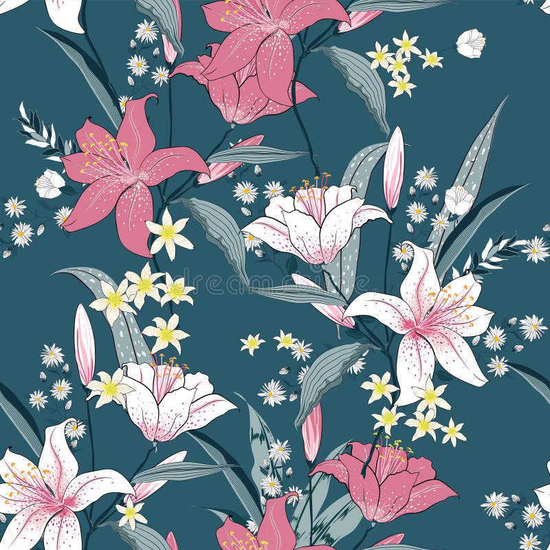 Beautiful Blooming Seamless Pattern with White and Pink Lilly. Stock ...