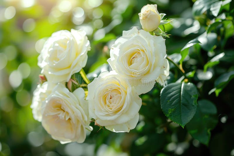 Beautiful Blooming White Roses on Bush Outdoors, Closeup Stock ...