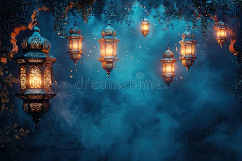 Beautiful Blue Arabesque Decorations with Hanging Lanterns Copy Space ...