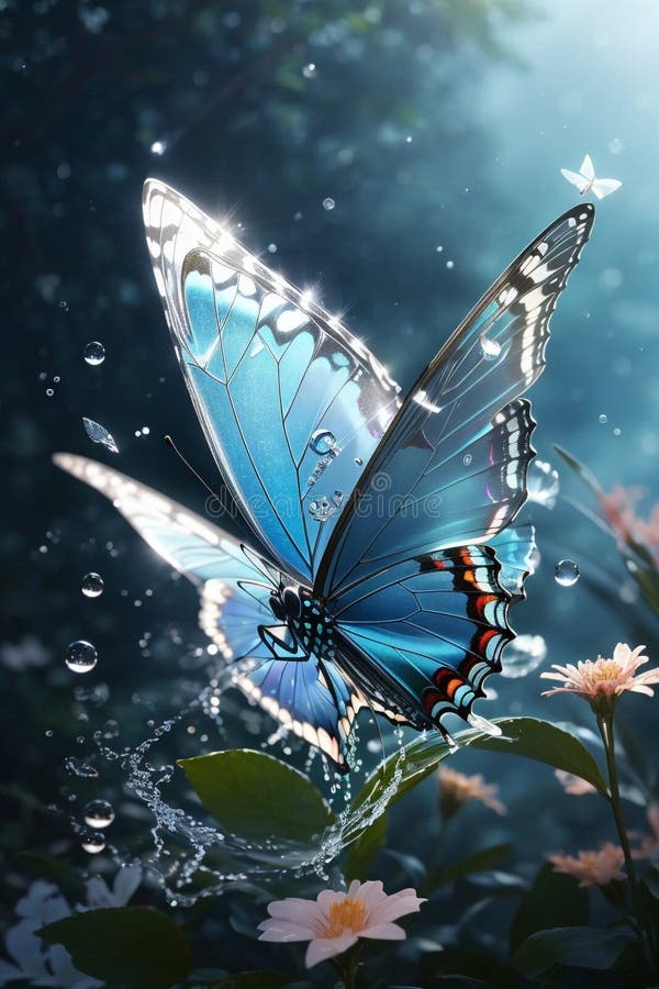 Beautiful Blue Butterfly Play with Splashes and Water Droplets Stock ...