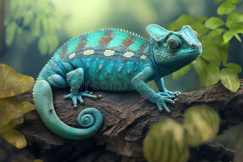 Beautiful Blue Chameleon Climbing a Tree Stock Illustration ...
