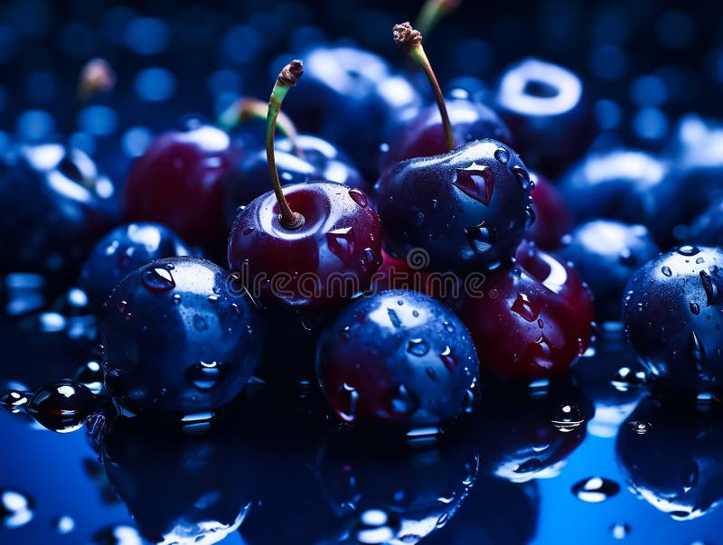 Beautiful Blue Cherries, Wet, Reflective Surface, Glossy, Appetizing ...