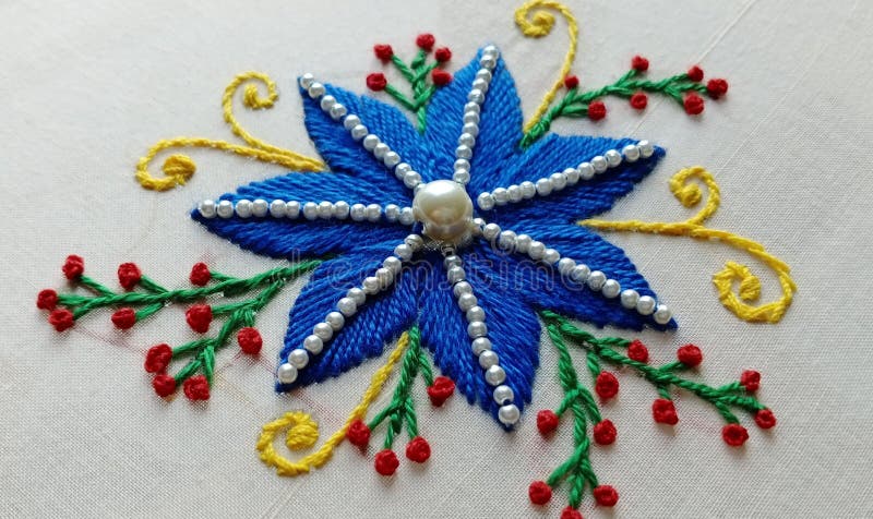 Beautiful Blue Flower Hand Embroidery Design Stock Photo - Image of ...